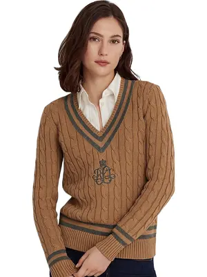 Ralph Lauren Cable-Knit Cotton Cricket Sweater Camel/grey Heather