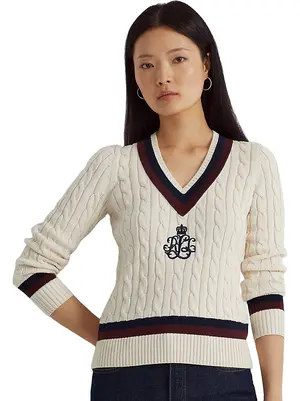 Ralph Lauren Cable-Knit Cotton Cricket Sweater Cream/navy/burgundy