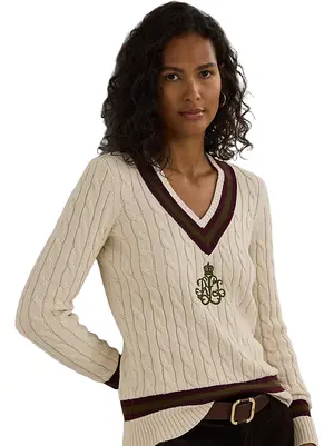 Ralph Lauren Cable-Knit Cotton Cricket Sweater Cream/pinot Noir