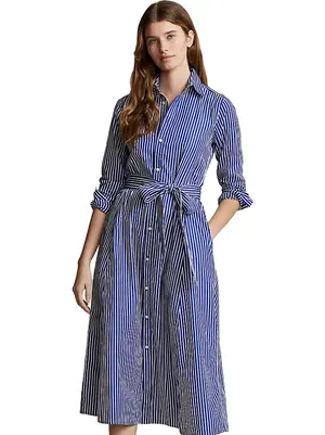 Ralph Lauren Belted Striped Cotton Shirtdress - Bright Navy & White