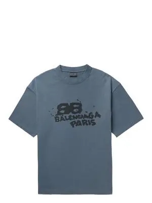Balenciaga Distressed Logo-print Cotton-jersey T-shirt - Blue