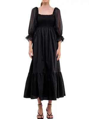English Factory Smocked Poplin & Organza Midi Dress - Black