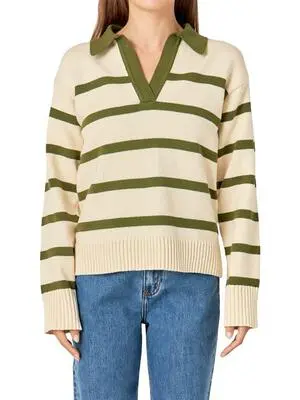 English Factory Stripe Collared Sweater - Cream/ Olive