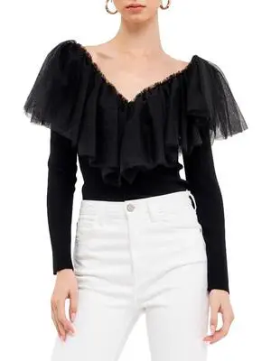 Endless Rose Ruffle Mesh Mixed Media Top - Black