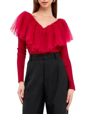 Endless Rose Ruffle Mesh Mixed Media Top - Cherry