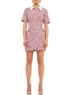 ENDLESS ROSE Endless Rose Point Collar Tweed Mini Shirtdress