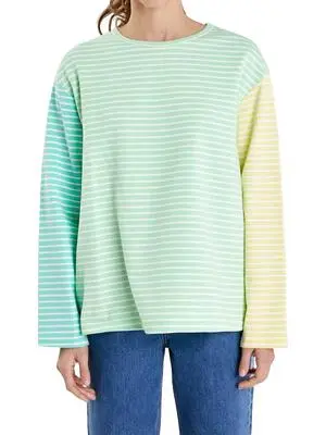English Factory Colorblock Stripe Long Sleeve Stretch Cotton Top Lime Multi