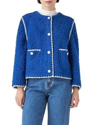 English Factory Contrast Trim Faux Shearling Jacket - Blue/ White
