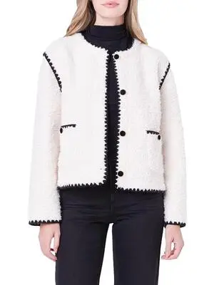 English Factory Contrast Trim Faux Shearling Jacket - Ivory/black