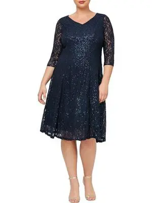 SLNY SLNY Lace Fit & Flare Dress Navy