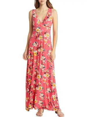 Loveappella Floral Print Maxi Dress - Coral