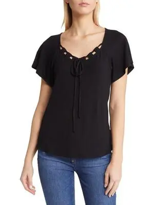 Loveappella Tie Neck Flutter Sleeve Top - Black