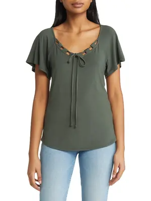 Loveappella Loveappella Tie Neck Flutter Sleeve Top Olive