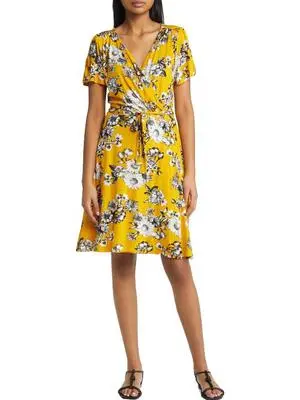 Loveappella Floral Faux Wrap Knit Dress - Sunflower