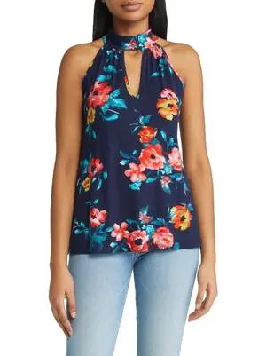 Loveappella Floral Cutout Halter Top - Navy/coral