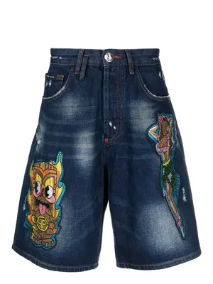 Philipp Plein Patch-detail Denim Shorts - Blue
