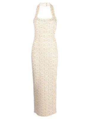 Balmain Logo-jacquard Halterneck Midi Dress - Neutrals