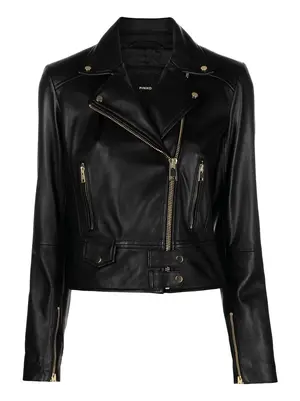Pinko Cropped Leather Biker Jacket - Black