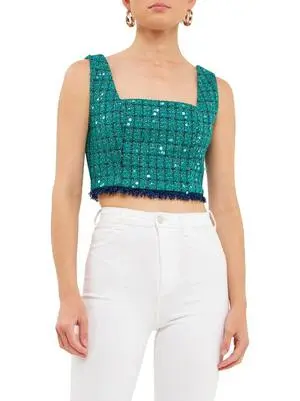 Endless Rose Premium Fringe Tweed Crop Tank - Green/ Navy