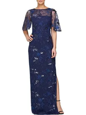 Js Collections Daphne Embroidered Sequin Gown - Sapphire Navy
