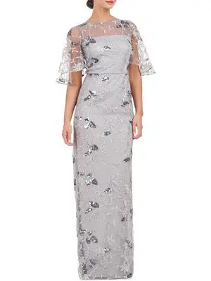 Js Collections Daphne Embroidered Sequin Gown - Silver