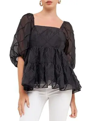 Endless Rose Square Neck Organza Babydoll Top - Black