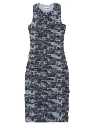 GANNI Printed Ruched Mesh Midi Dress - Blue