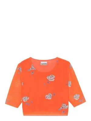 GANNI Printed Mesh Cropped T-shirt - Orange