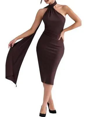 House Of Cb Angelina Asymmetric Halter Midi Dress - Brown
