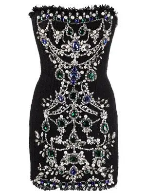 Balmain Jeweled Bustier Tweed Dress - Black