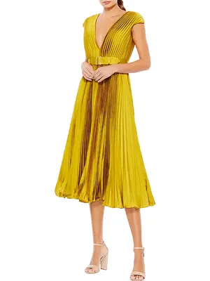Mac Duggal Ieena For Mac Duggal Pleated Midi Dress Chartreuse