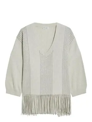 Brunello Cucinelli Fringed Bead-embellished Ribbed Cotton Sweater - Ecru