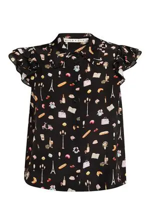 Alice + Olivia Alice + Olivia Martel Flutter-Sleeve Blouse Black Multi
