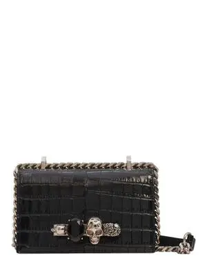 Alexander McQueen Mini Jeweled Croc Embossed Leather Bag - Black