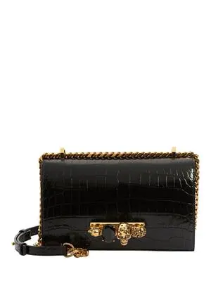 Alexander McQueen Jeweled Knuckle Croc Embossed Bag - Black