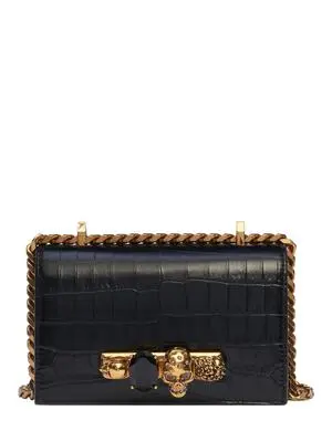 Alexander McQueen Jeweled Knuckle Croc Embossed Bag - Black/gold