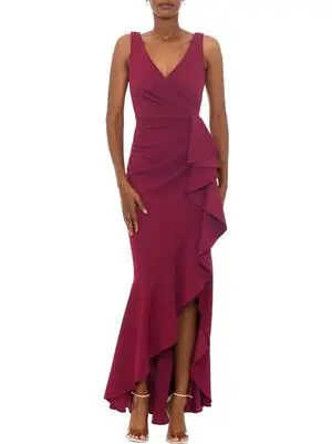 Betsy & Adam V-neck Ruffle High-low Gown - Bordeaux