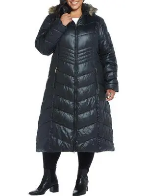 Gallery Gallery Hooded Maxi Puffer Coat With Faux Fur Trim Black