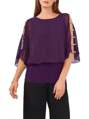 Chaus Split Sleeve Rhinestone Blouse - Luxe Plum
