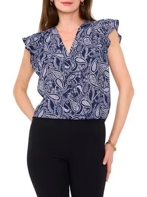 Chaus Print Flutter Sleeve Blouse - Navy/wht