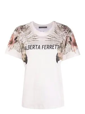 Alberta Ferretti Cotton Floral Print T-shirt - Neutrals