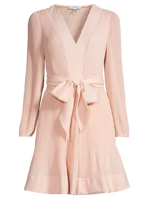 MILLY Liv Pleated Belted Minidress Beige