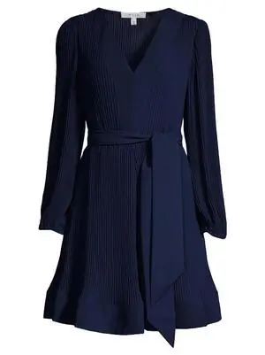 MILLY Liv Pleated Belted Minidress Navy