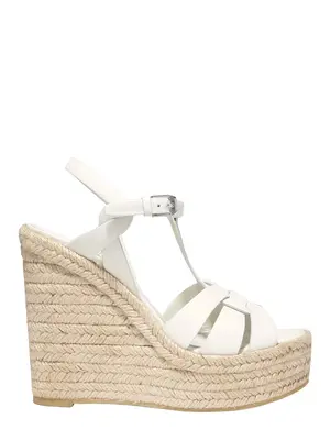 Saint Laurent Tribute Woven Leather Espadrille Wedge Sandals - White