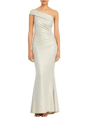 Eliza J Metallic Knit One Shoulder Gown - Champagne