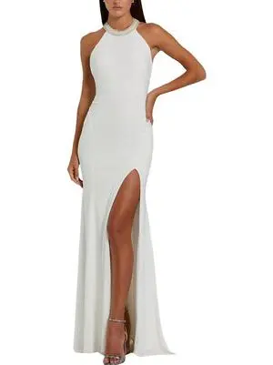 Mac Duggal Ieena Beaded Halter Evening Gown - White