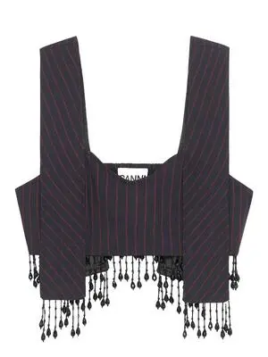 GANNI Stripe Beaded Fringes Top - Navy