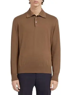 Zegna Long Sleeve Cotton & Cashmere Polo Brown