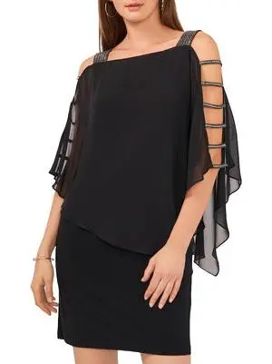 Chaus Embellished Ladder Sleeve Chiffon Dress - Black/ Metal