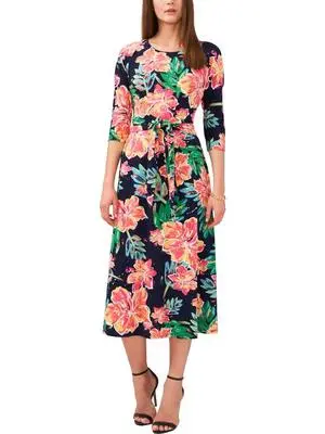 Chaus Floral Tie-waist Midi Dress - Navy/lime/tangerine